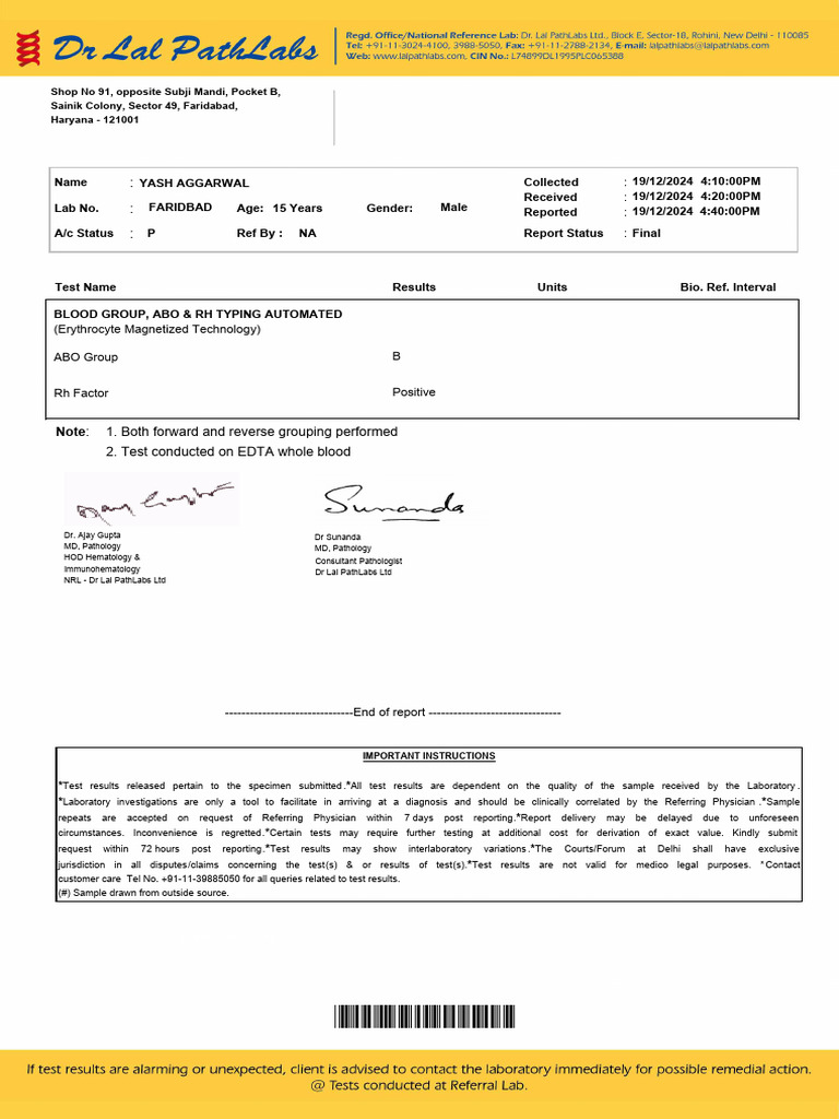 Blood Group Test Report for Yash Aggarwal | PDF | Pathology | Blood Type
