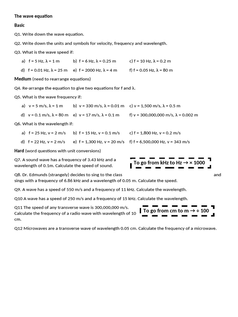 Wave Equation Worksheet | PDF