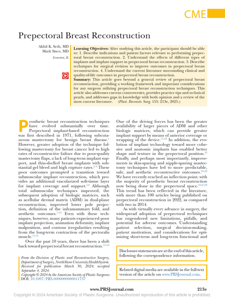 Prepectoral Breast Reconstruction | PDF | Mastectomy | Cosmetic Surgery