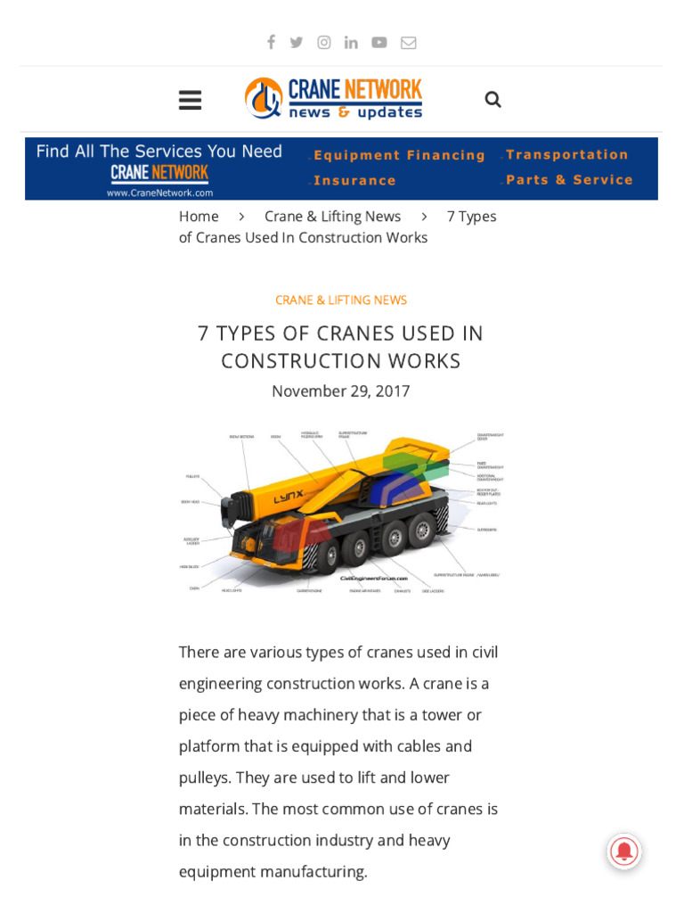7 Types of Cranes Used in Construction Works Crane Network News | PDF ...