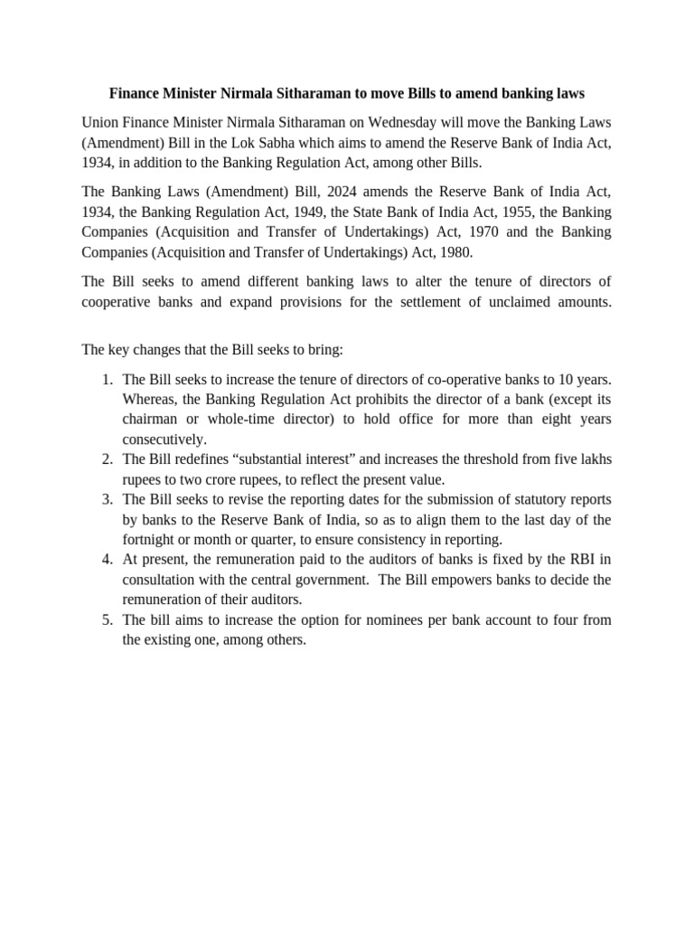 Banking Law (Amendment) Bill, 2024 | PDF
