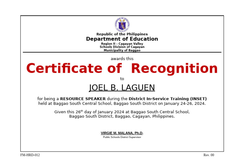Certificate For Inset Recognition | PDF