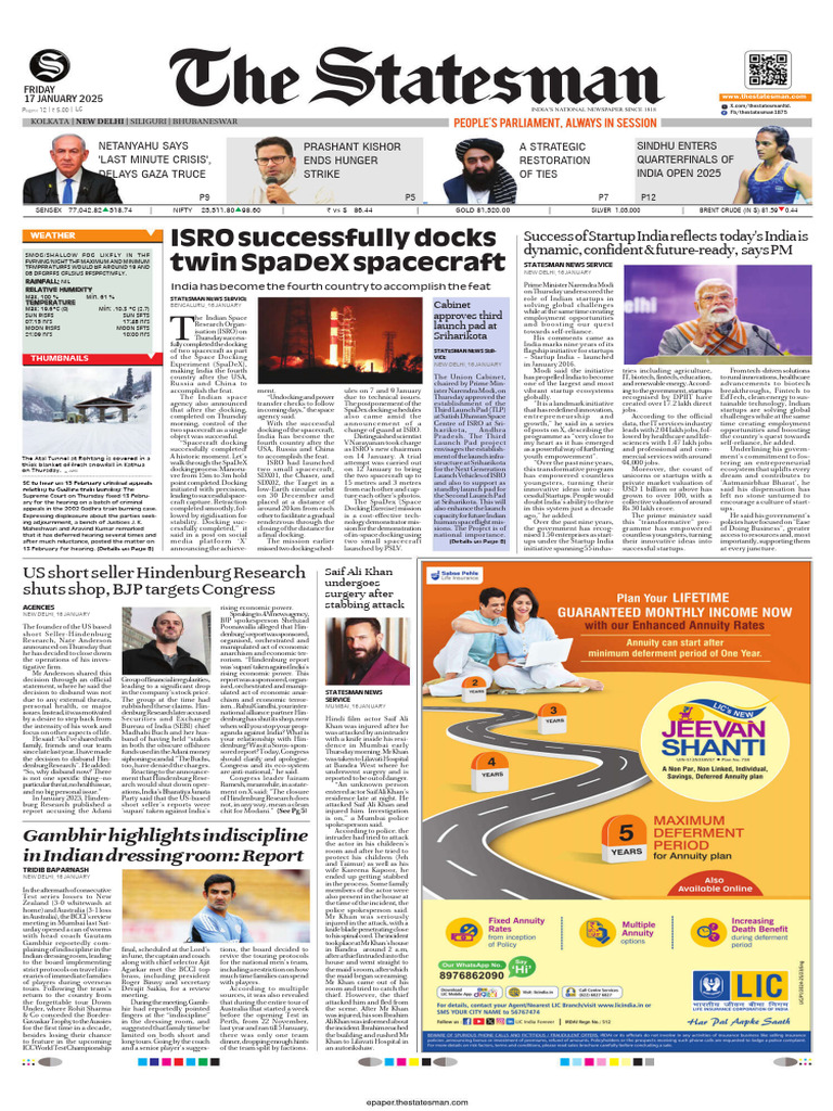 States Man Delhi 17-01-2025 | PDF | Docking And Berthing Of Spacecraft