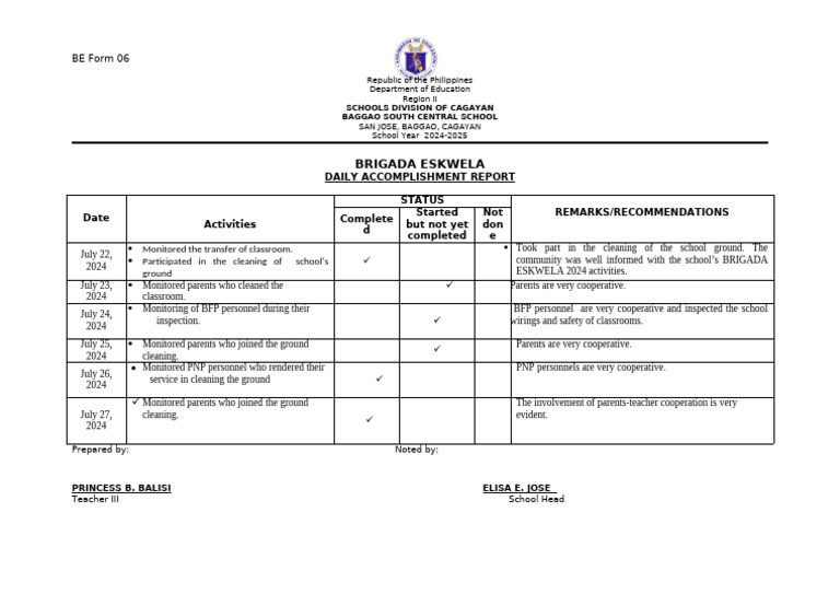 BE-Form-6-DAILY-ACCOMPLISHMENT-REPORT BRIGADA | PDF | Philippines | Government