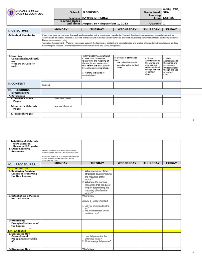 DLL-WEEKLY-perez-Q1-week1 (2) | PDF | Learning | Curriculum
