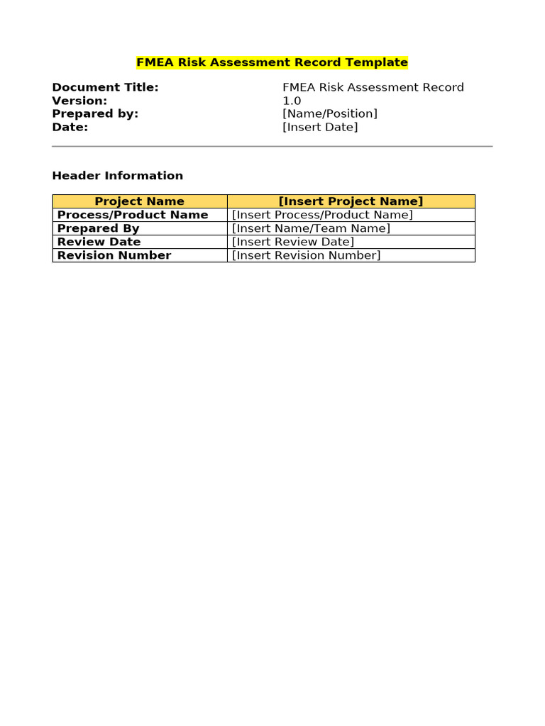 FMEA Risk Assessment Record Template | PDF
