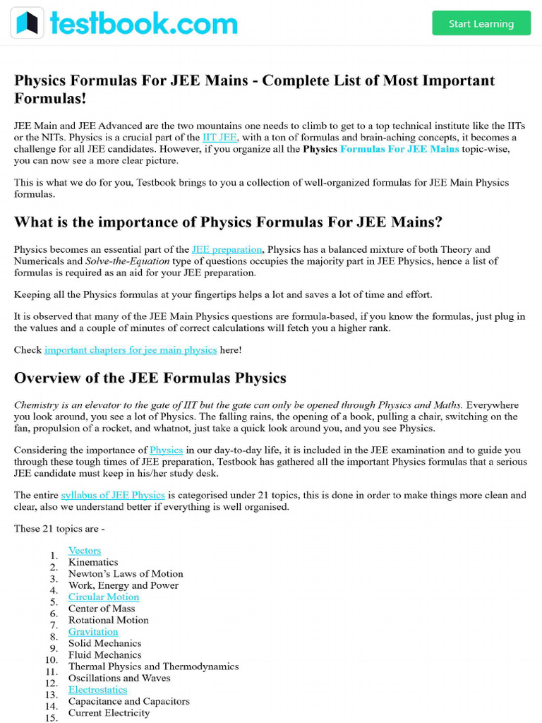 Physics Formulas For JEE Mains - Complete List of Most Important Formulas! | PDF