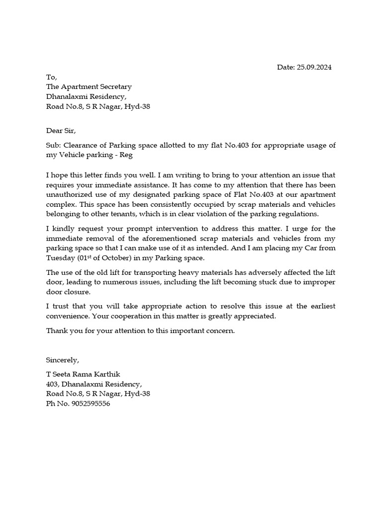 Letter For Parking Space | PDF
