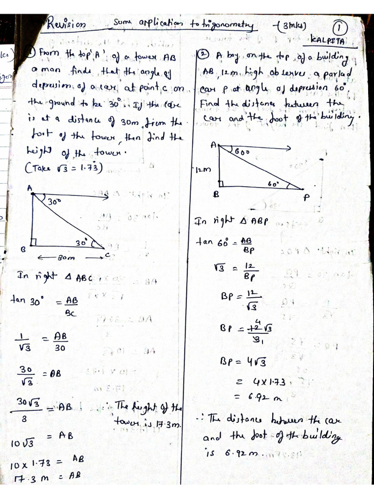 Xth Std Maths Trigonometry Notes Pdf