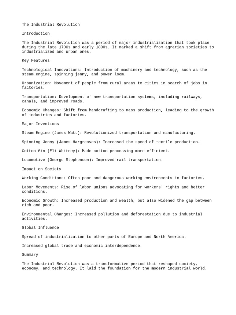 Key Features of the Industrial Revolution | PDF