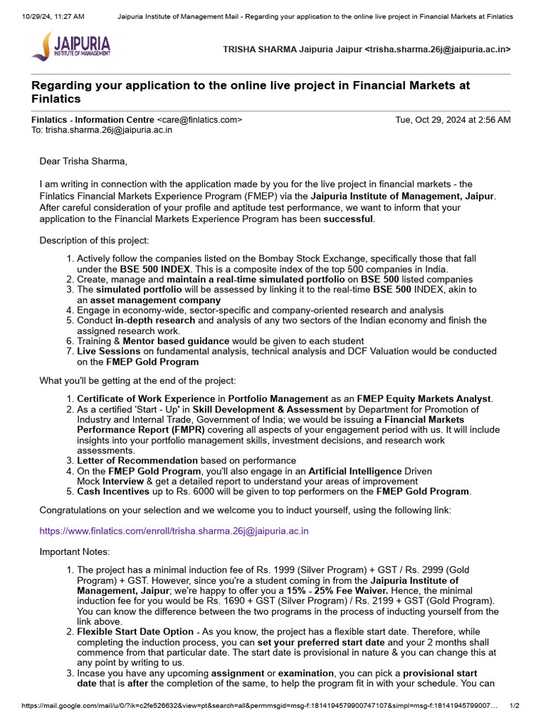 Finlatics Financial Markets Program Acceptance | PDF | Discounted Cash ...