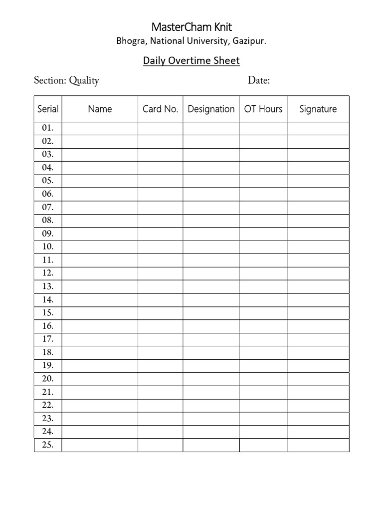 MasterCham - Daily Overtime Sheet | PDF