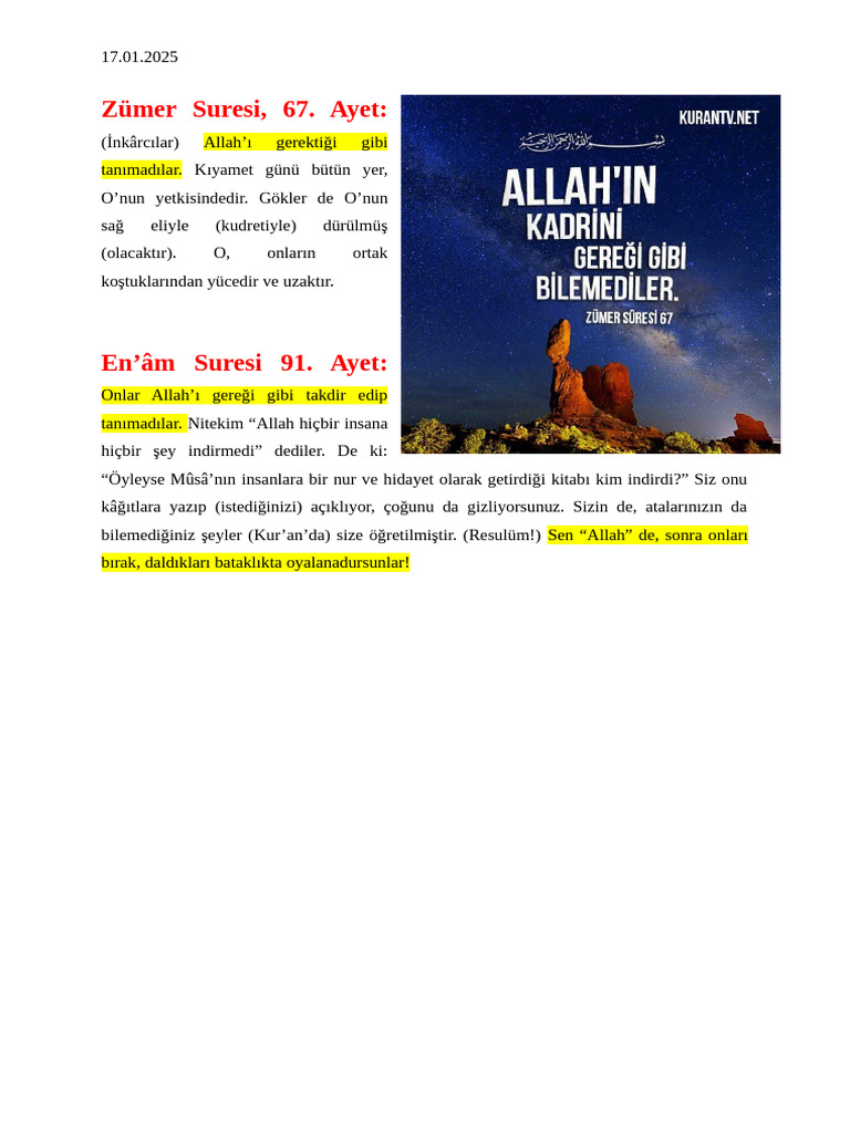 Allah'ın Kadrini Gereği Gibi Takdir Edemediler - Zümer 67, Enam 91 | PDF