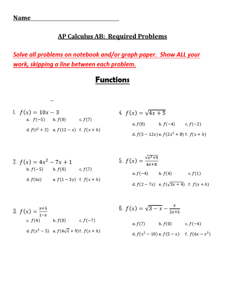 AP Calculus AB Summer Review - Required Problems | PDF | Logarithm ...