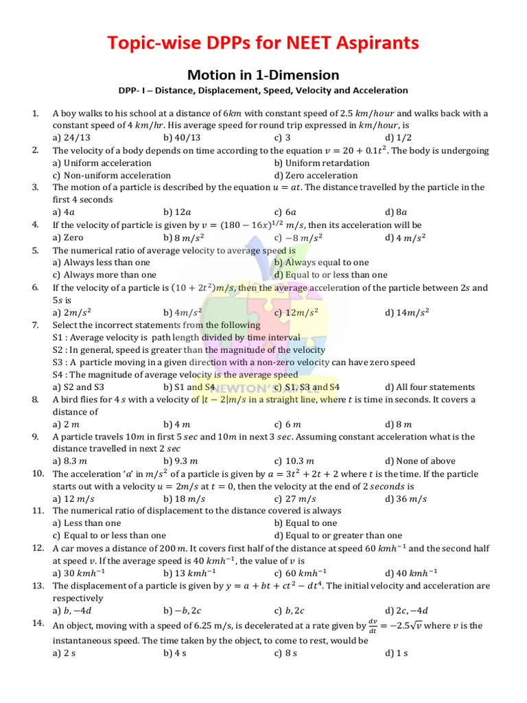 MOTION IN STRAIGHT LINE DPP - 01 | PDF | Acceleration | Velocity