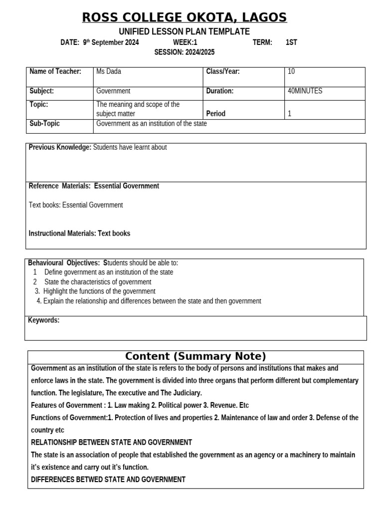 Government Lesson Plan For Year 10 and 11 Week1 | PDF | Elections ...