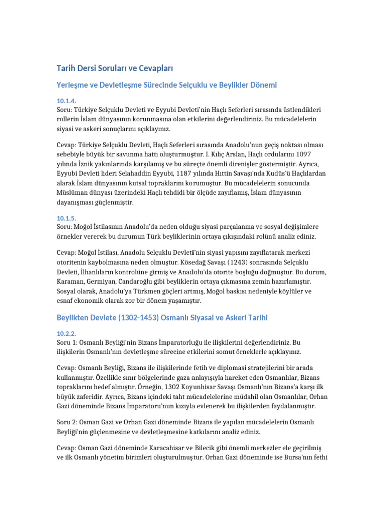 Tarih Dersi Sorulari Ve Cevaplari | PDF