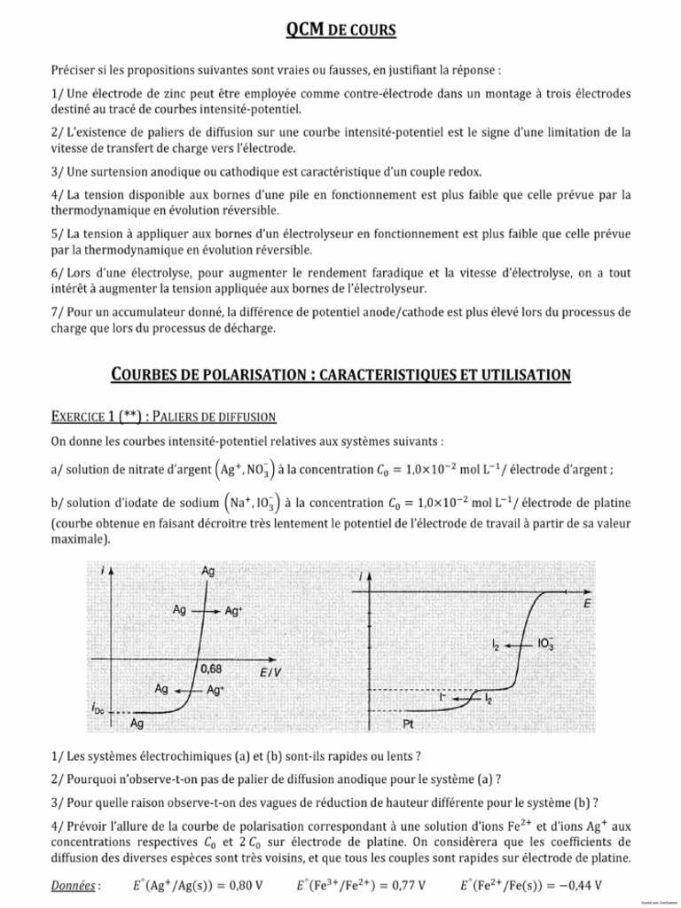 Exercices Cinetique Des Reactions D Oxydo Reduction Courbes Intensite Potentiel Generateurs Et ...