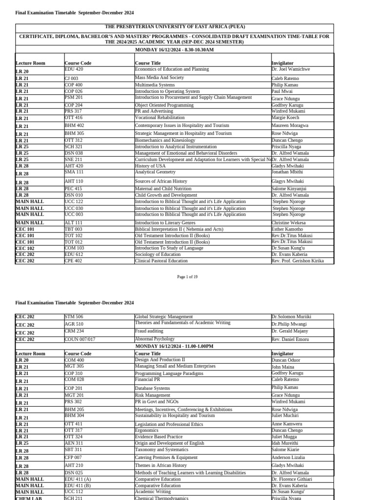 Final Examination Timetable For September-December, 2024 Semester | PDF