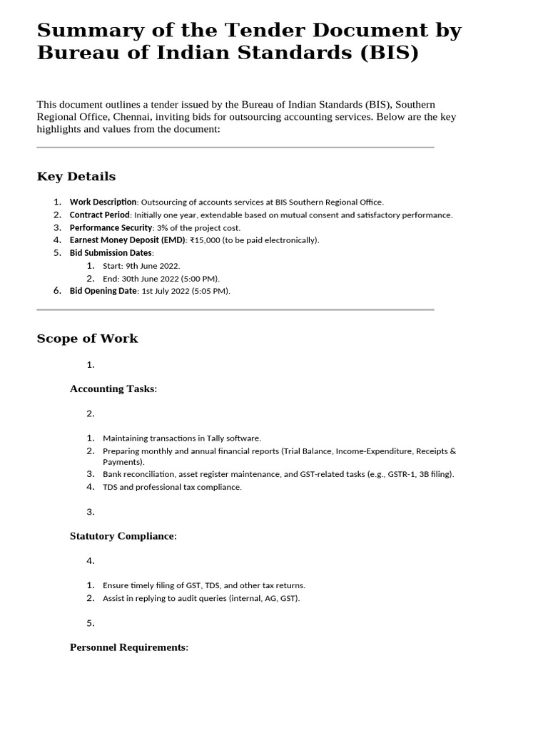 Summary of The Tender Document by Bureau of Indian | PDF | Taxes | Regulatory Compliance