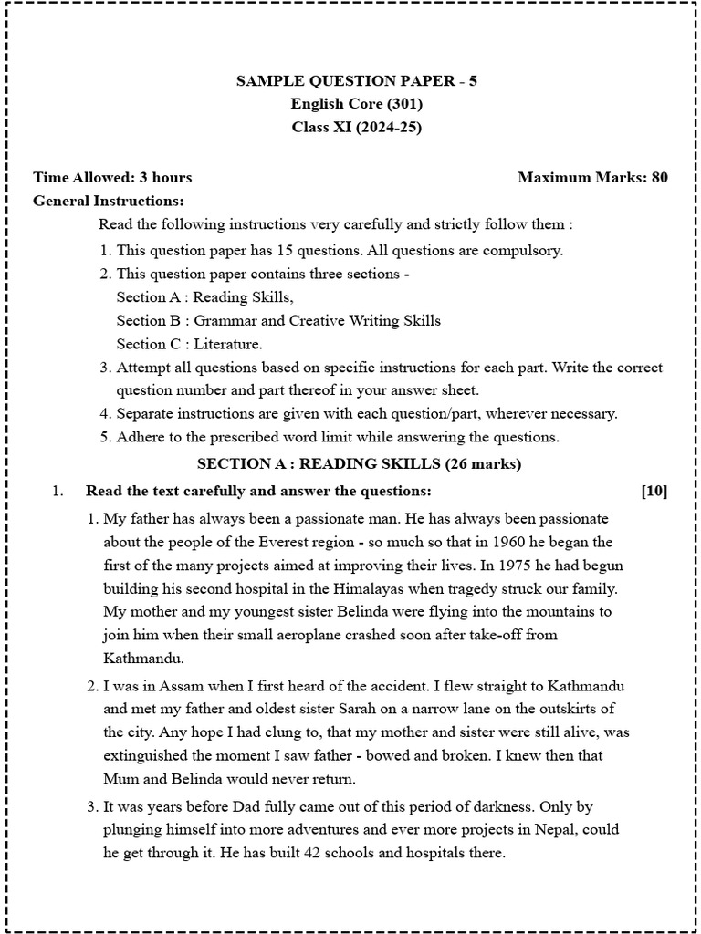 Class 11 Eng 2025 Sample Paper Set-5 | PDF | Teachers | Physical Fitness