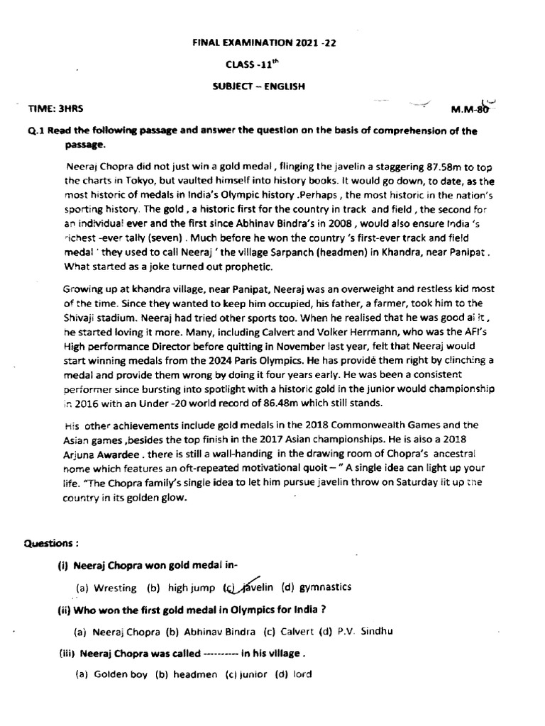 Eng Class 11 Actual Exam Paper (2021-22) | PDF