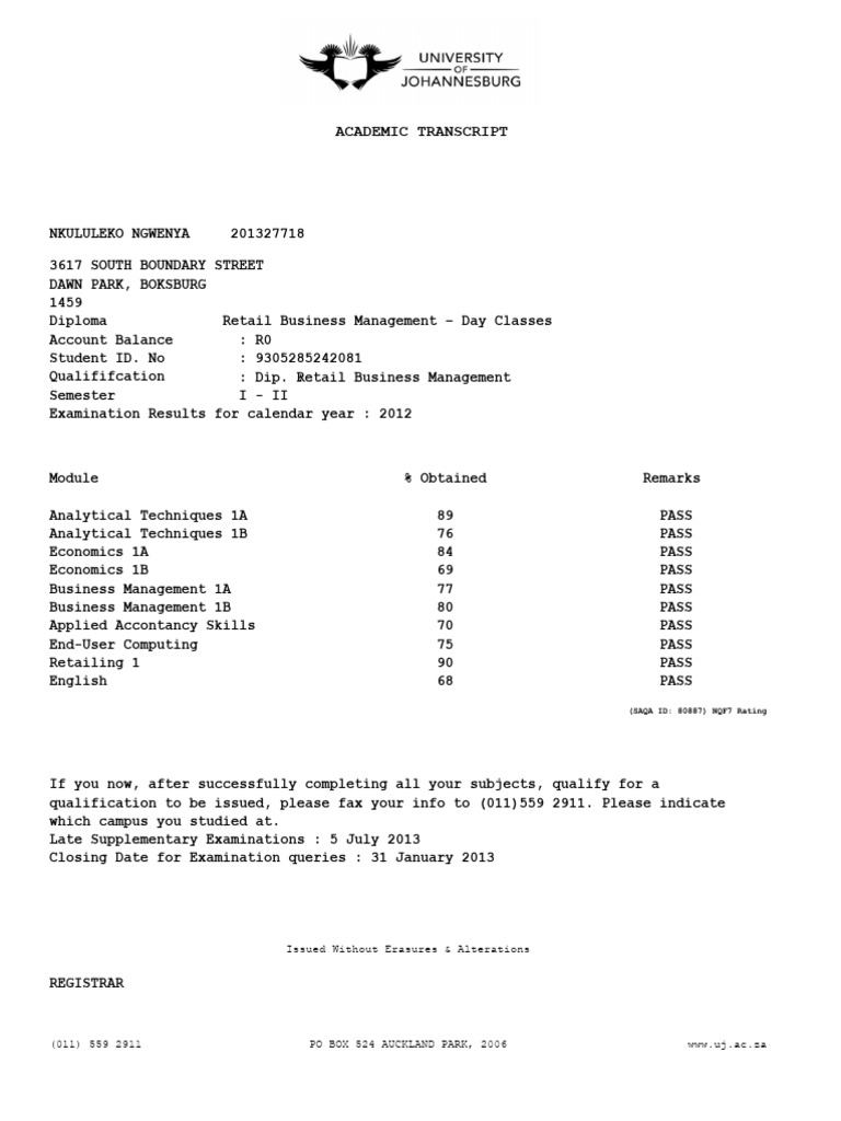 University of Johannesburg Transcript | PDF