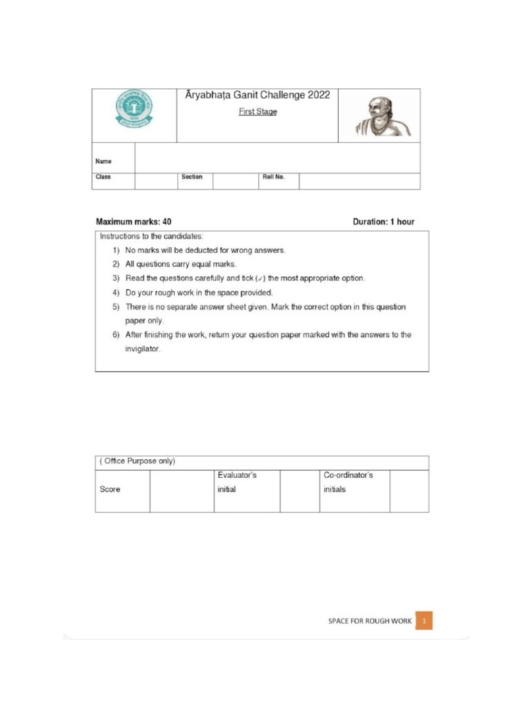 Aryabhatta Ganit Challenge Question Paper | PDF
