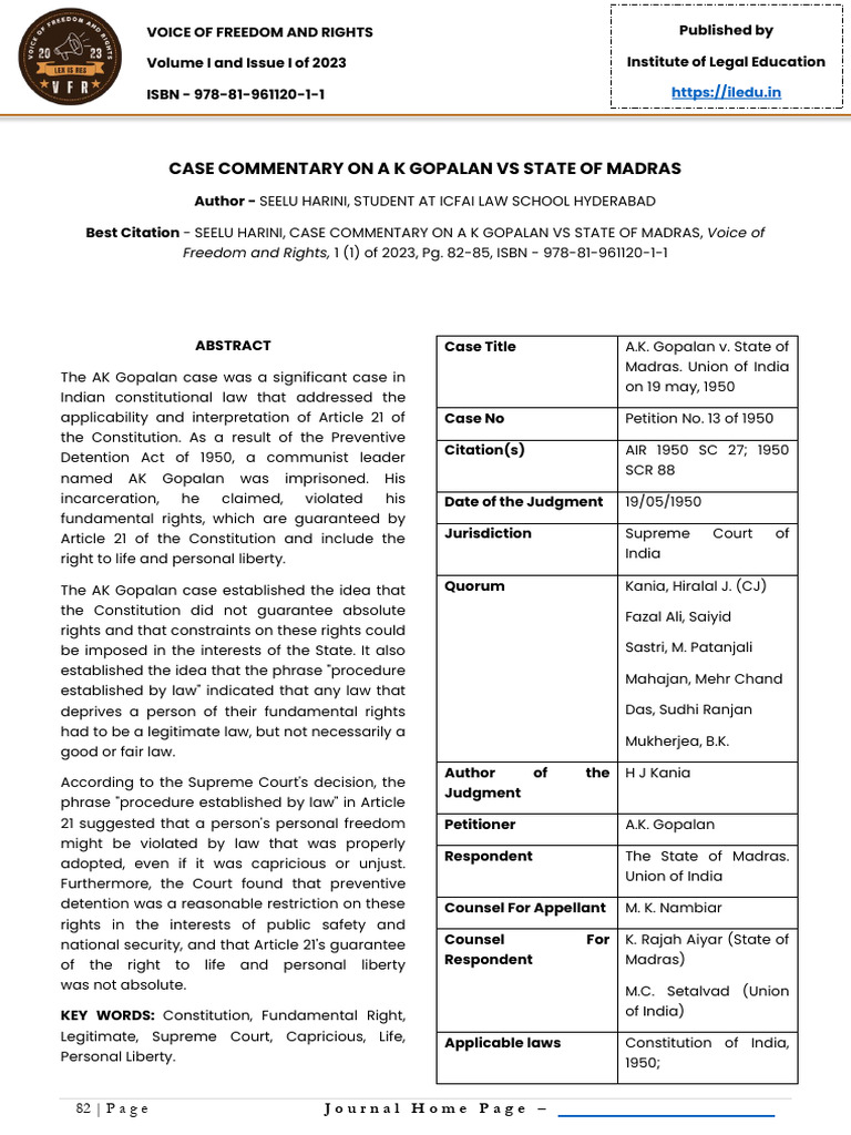 A K Gopalan Case Pract 14 | PDF | Detention (Imprisonment) | Political Law
