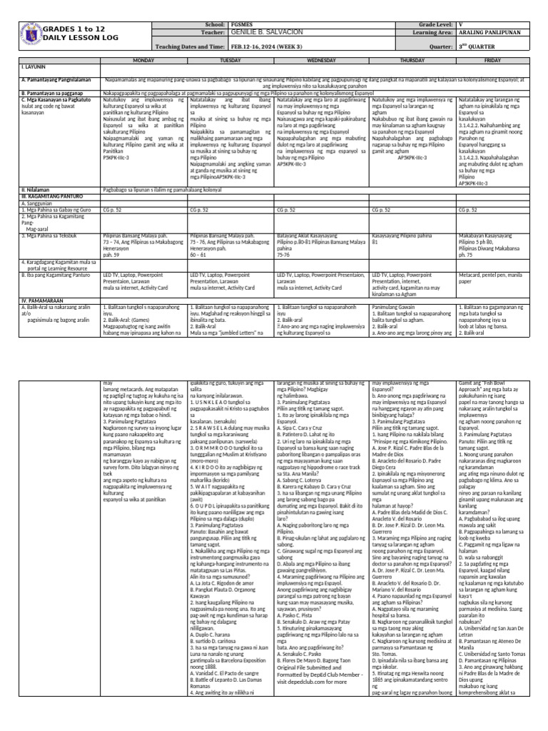 DLL - Araling Panlipunan 5 - Q3 - W3 | PDF