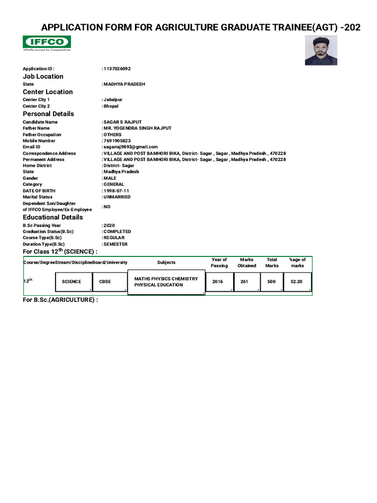IFFCO AGT Agri Graduate Trainee Application Form Registration | PDF
