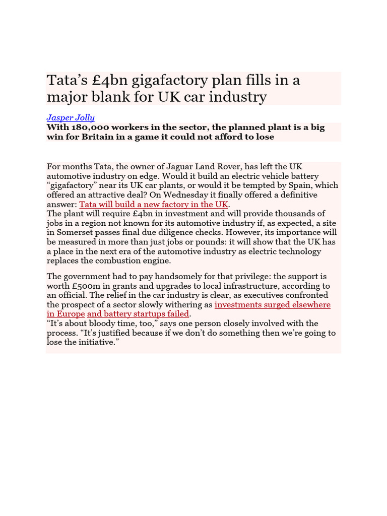 IB Tata's 4bn Gigafactory Plan Fills in A Major Blank For UK Car ...