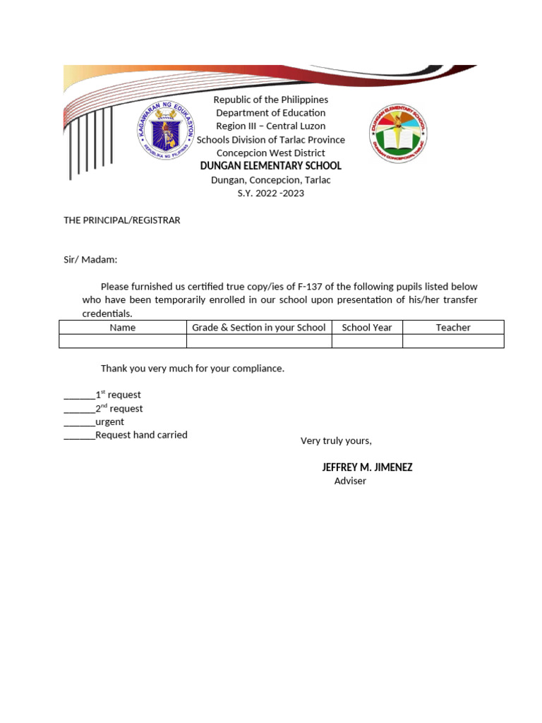 Form 137 E Request | PDF