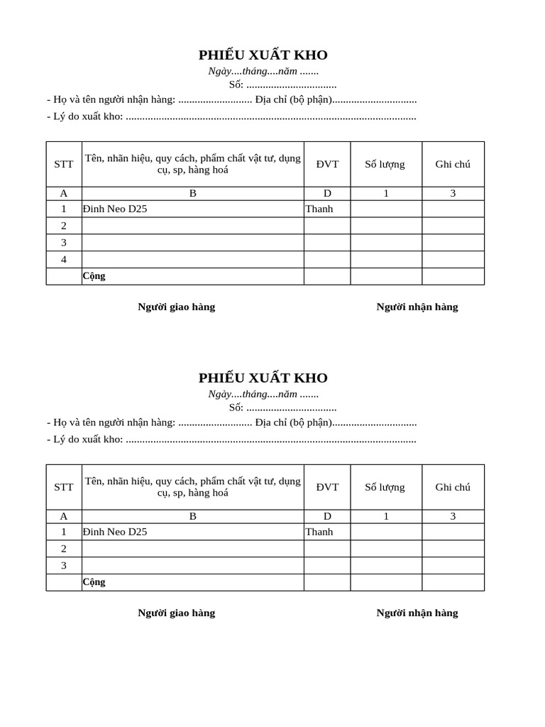 Phieu Xuat Kho NEO D25 | PDF