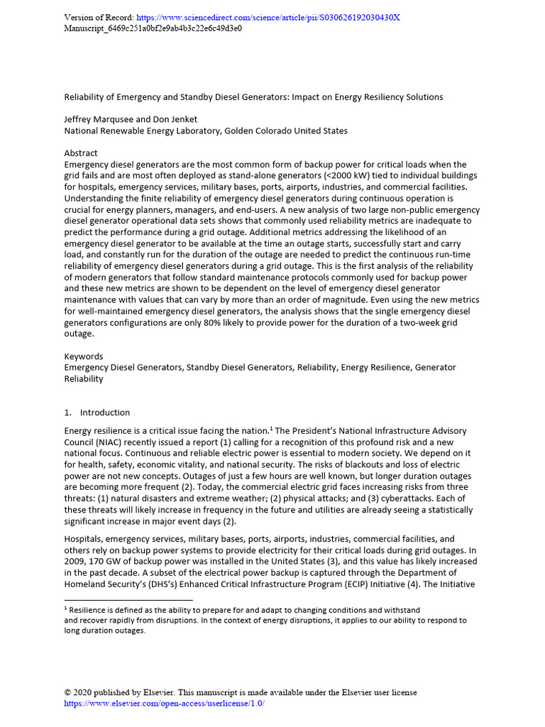 Reliability of Emergency and Standby Diesel Generators - Impact On ...