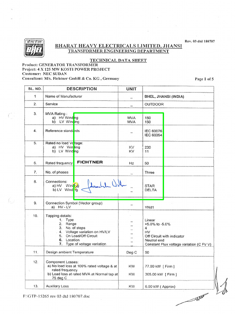 Technical Data Sheet of Generator Trnasformer | PDF