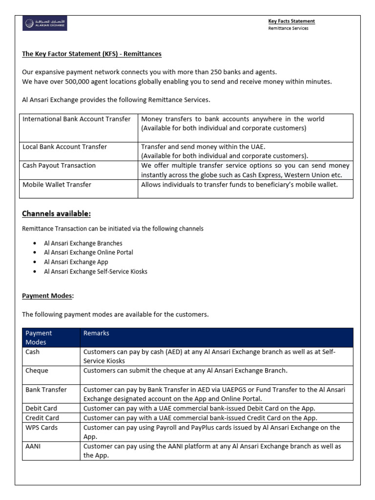 Key Fact Statement - Remittance - en | PDF | Banks | Payments