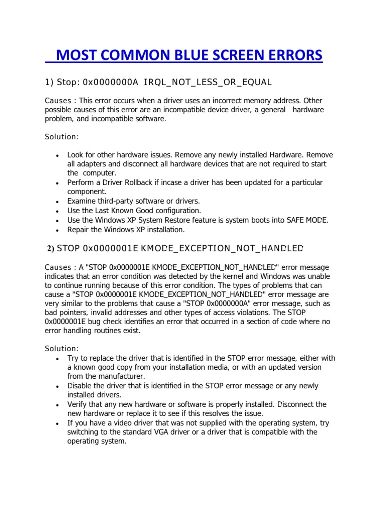 Most Common Blue Screen Errors | PDF | Device Driver | Operating System