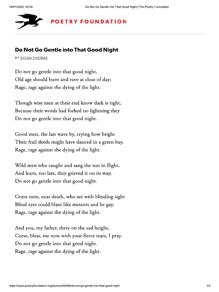 Do Not Go Gentle Into That Good Night by Dylan Thomas | PDF