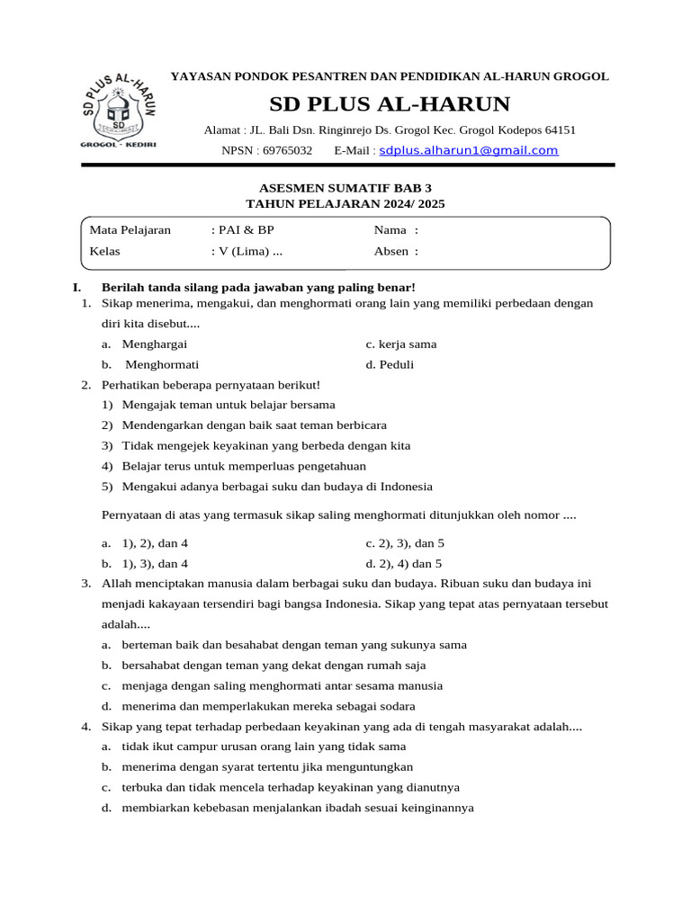 Soal PH PAI BAB 3 Kls 5 | PDF