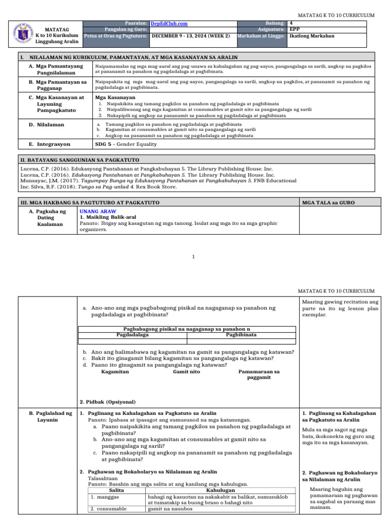 DLL MATATAG _EPP 4 Q3 W2 | PDF