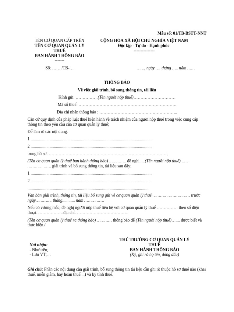 Mẫu số 01-TB-BSTT-NNT Phụ lục 2 - Nghị định số 126 - 2020 - NĐ-CP | PDF