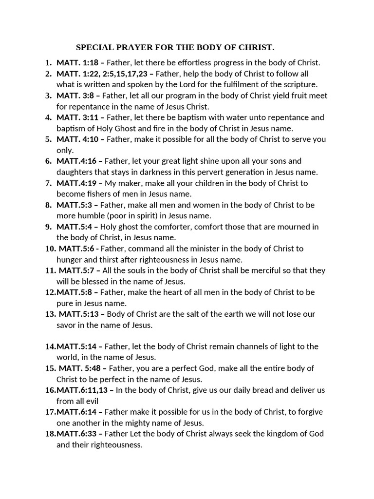 Prayer Points for the Body of Christ | PDF | Gospel Of Mark | Jesus