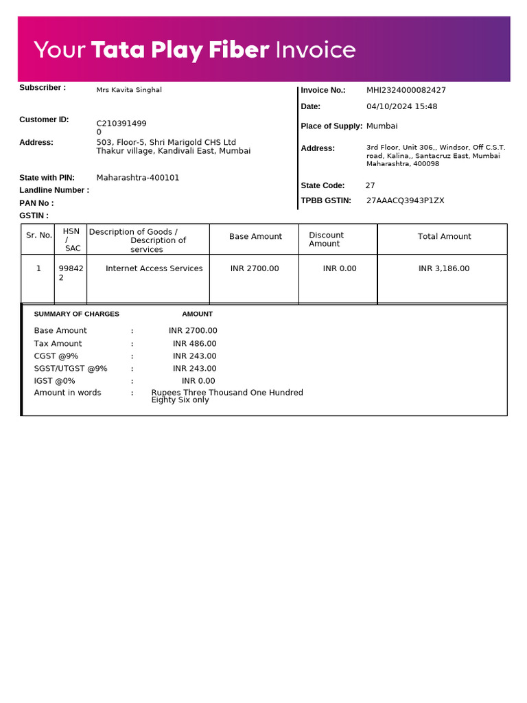 Tata Play Fiber Invoice Details | PDF