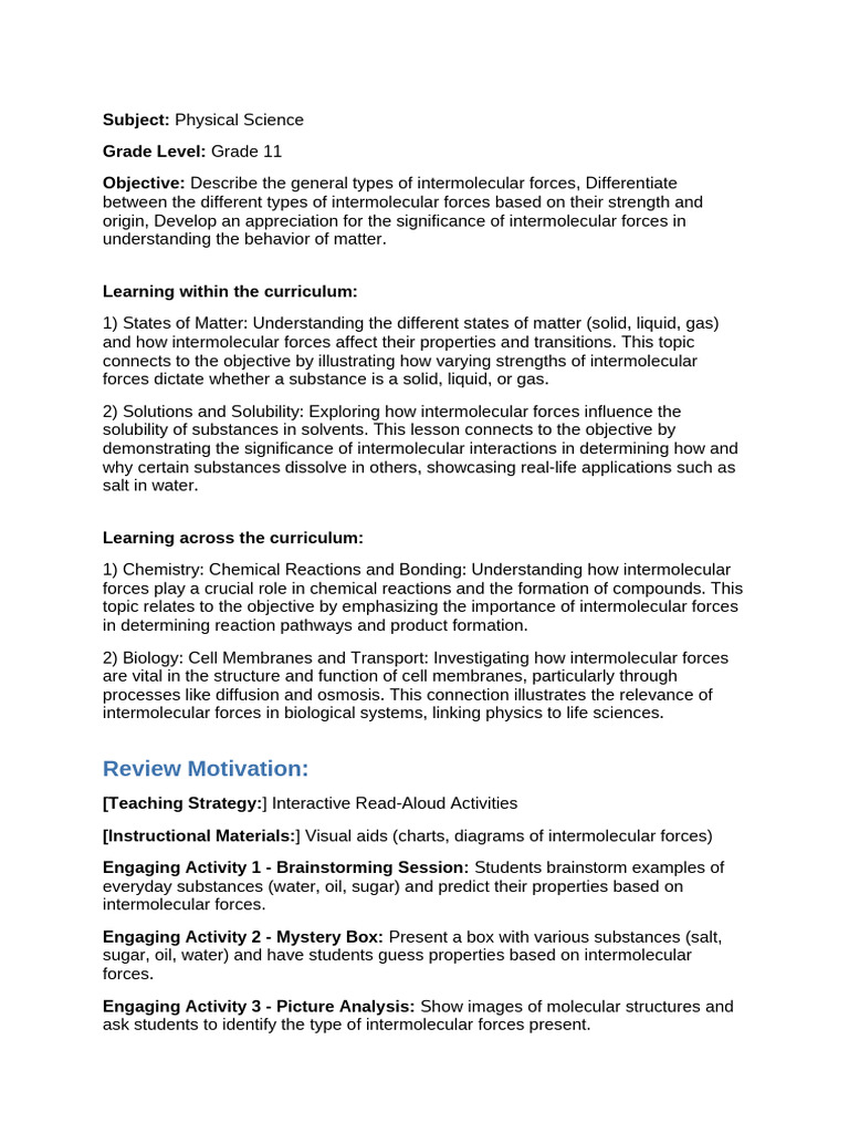 lesson_plan (30) | PDF | Intermolecular Force | Force