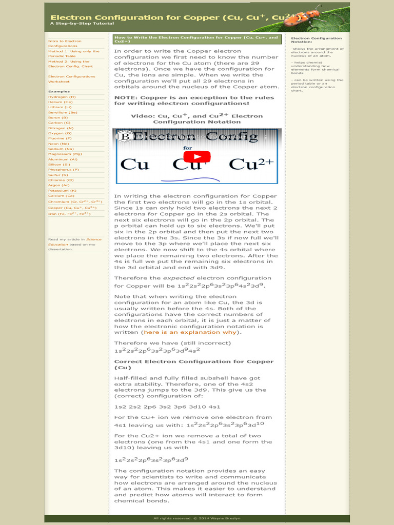 Electron Configuration For Copper (Cu, Cu+, Cu2+) | PDF | Electron Configuration | Atomic Orbital