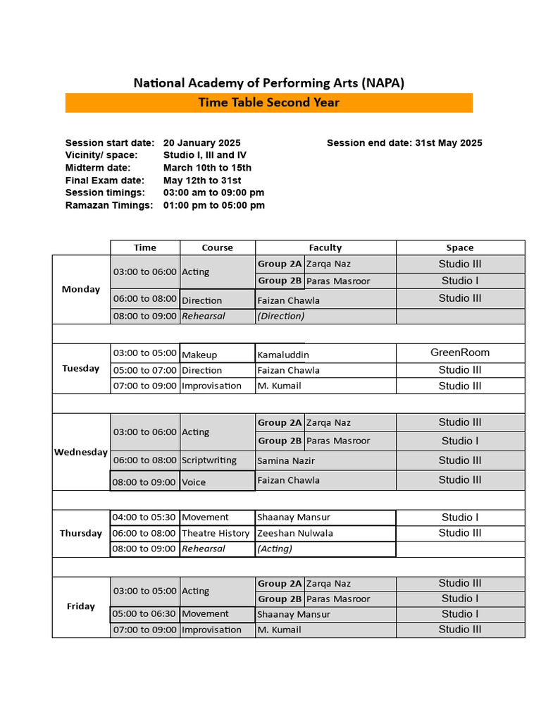 Time Table Spring 2025 2Y | PDF