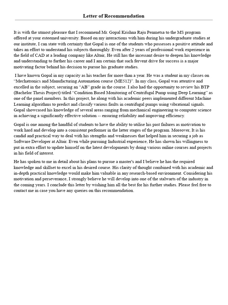 LOR_BTP_Professor | PDF | Motivation | Motivational