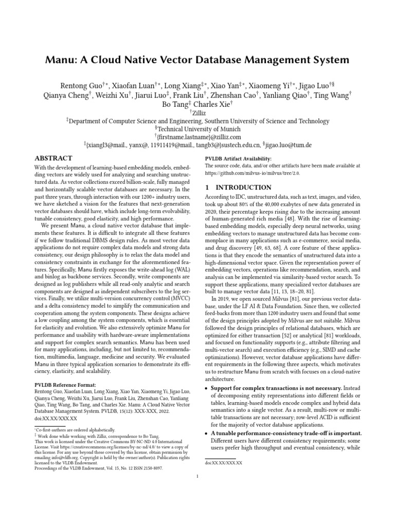 Manu_ A Cloud Native Vector Database Management System | PDF | Databases | Cache (Computing)