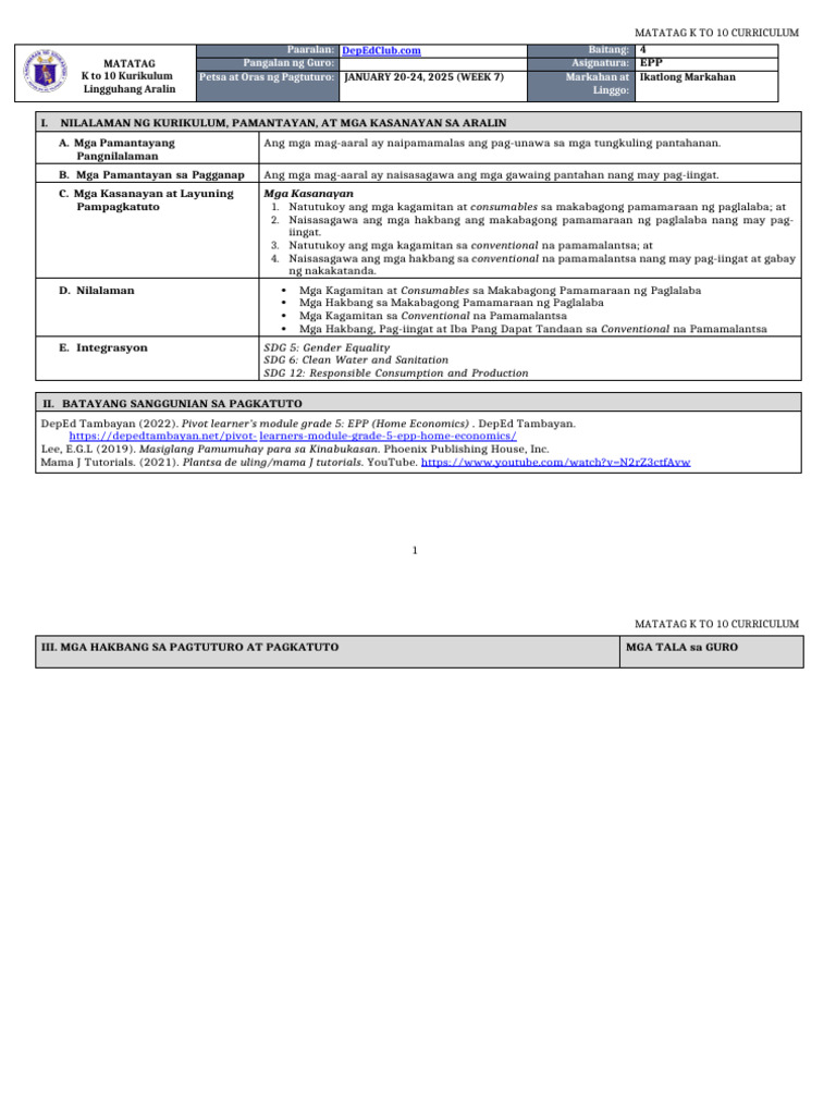 DLL Matatag - Epp 4 Q3 W7 | PDF
